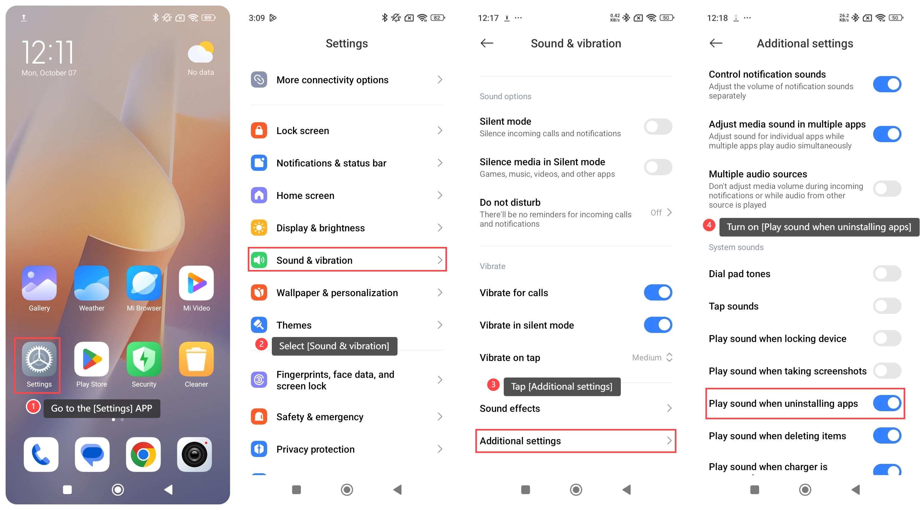How to make the Redmi 13C 5G play sound when uninstalling apps?