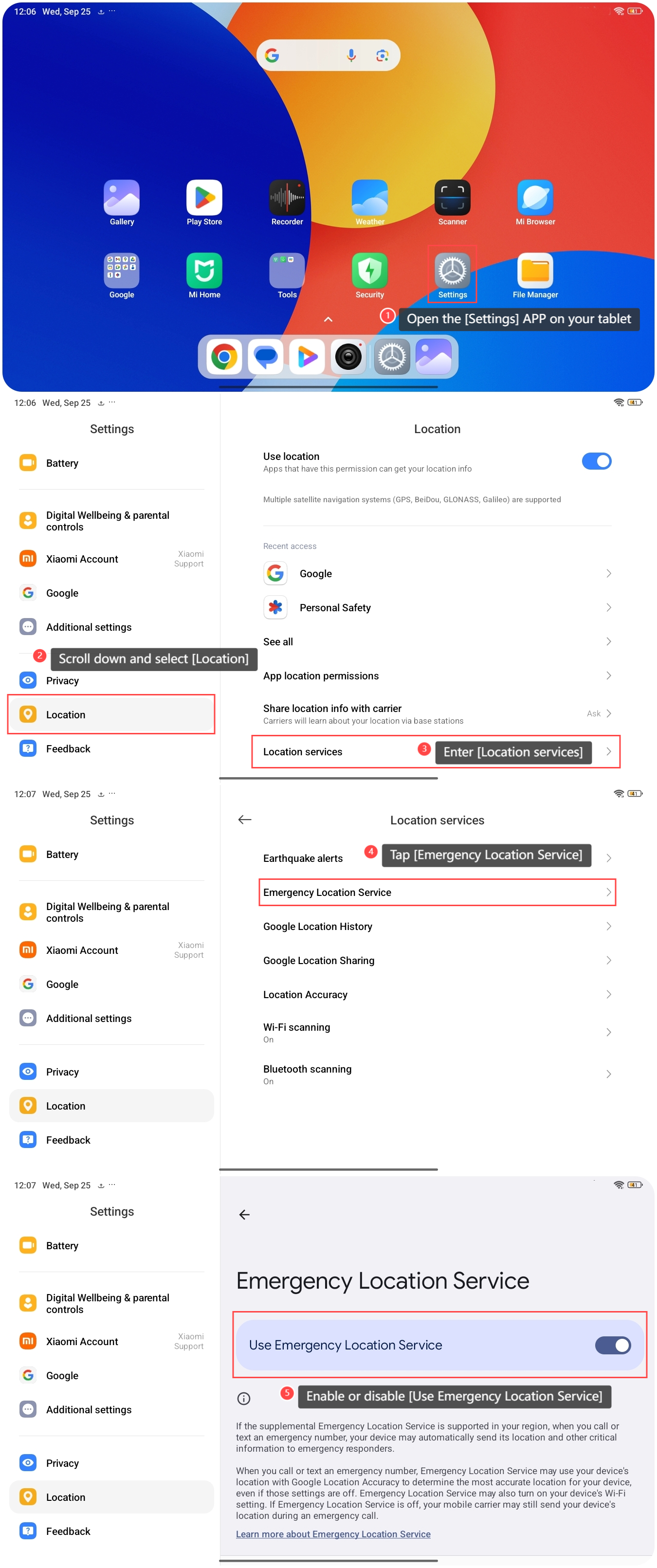Bagaimana cara mengaktifkan atau menonaktifkan Layanan Lokasi Darurat di Redmi Pad SE 8.7?