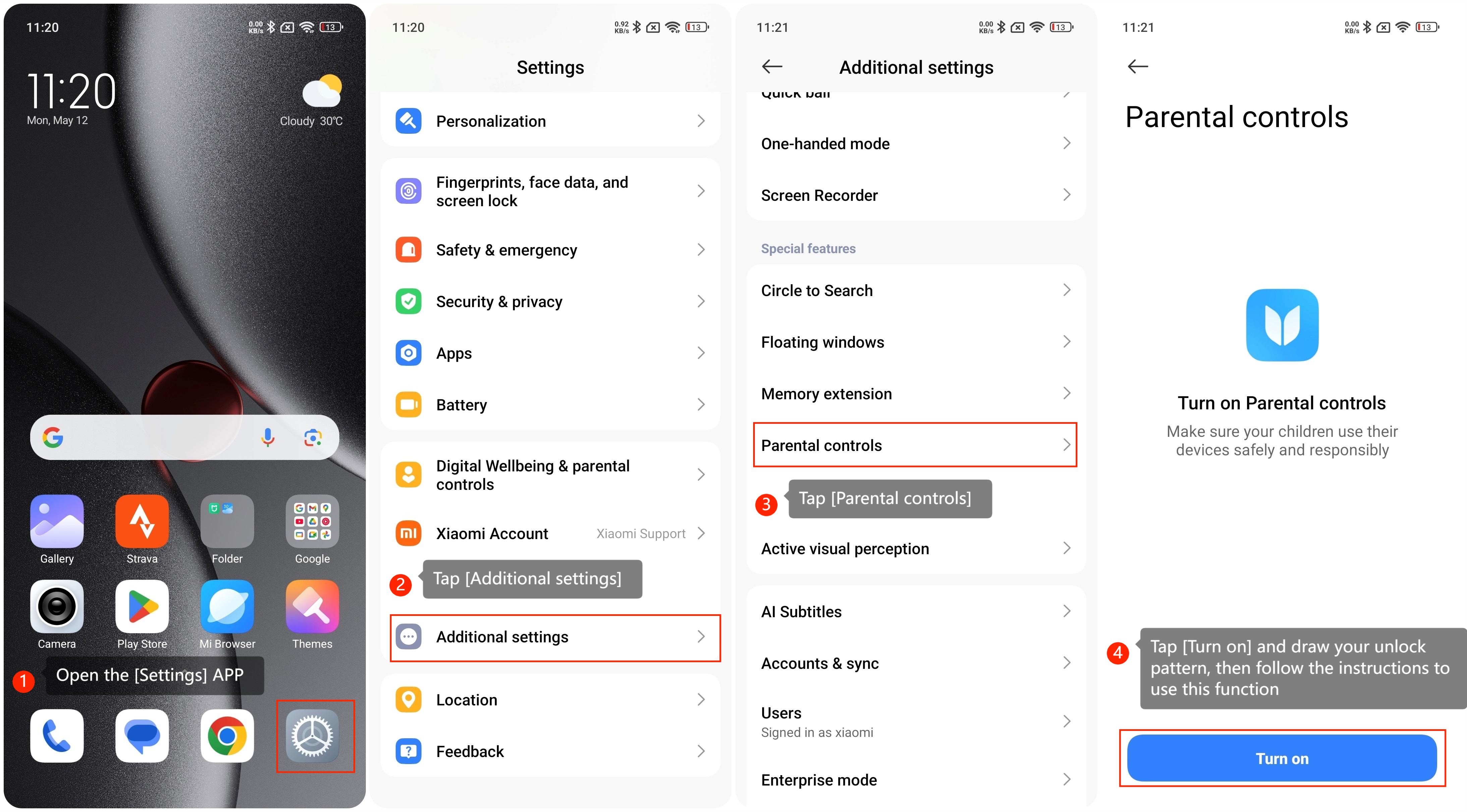 How to turn on Parental controls on the Xiaomi smartphone?