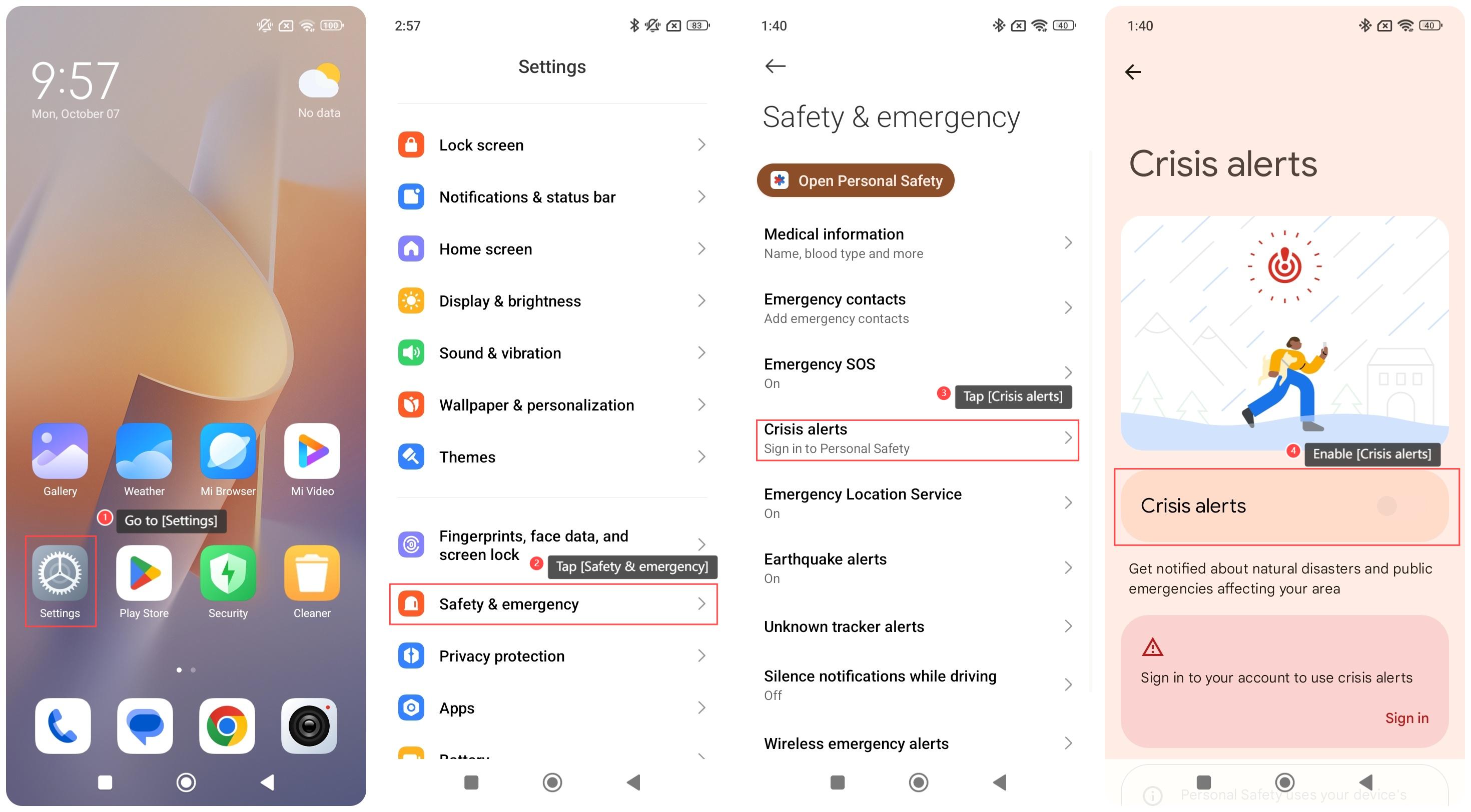 How to enable the Crisis alerts on the Redmi 13C?