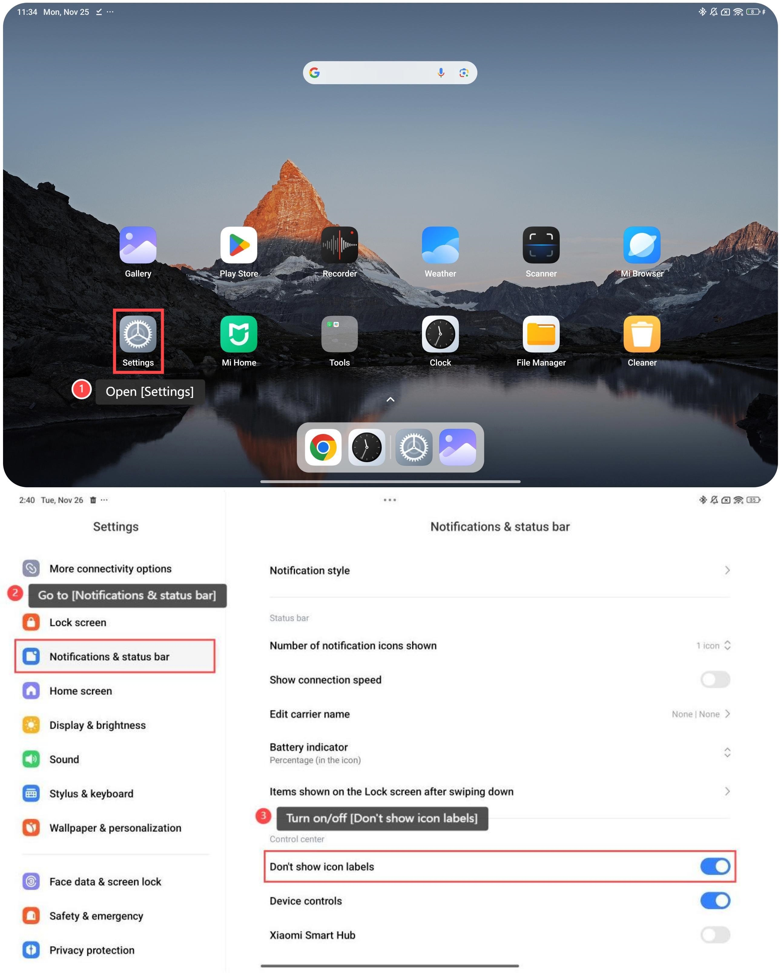 How to turn on/off the icon labels on the control center of the Redmi Pad Pro 5G?