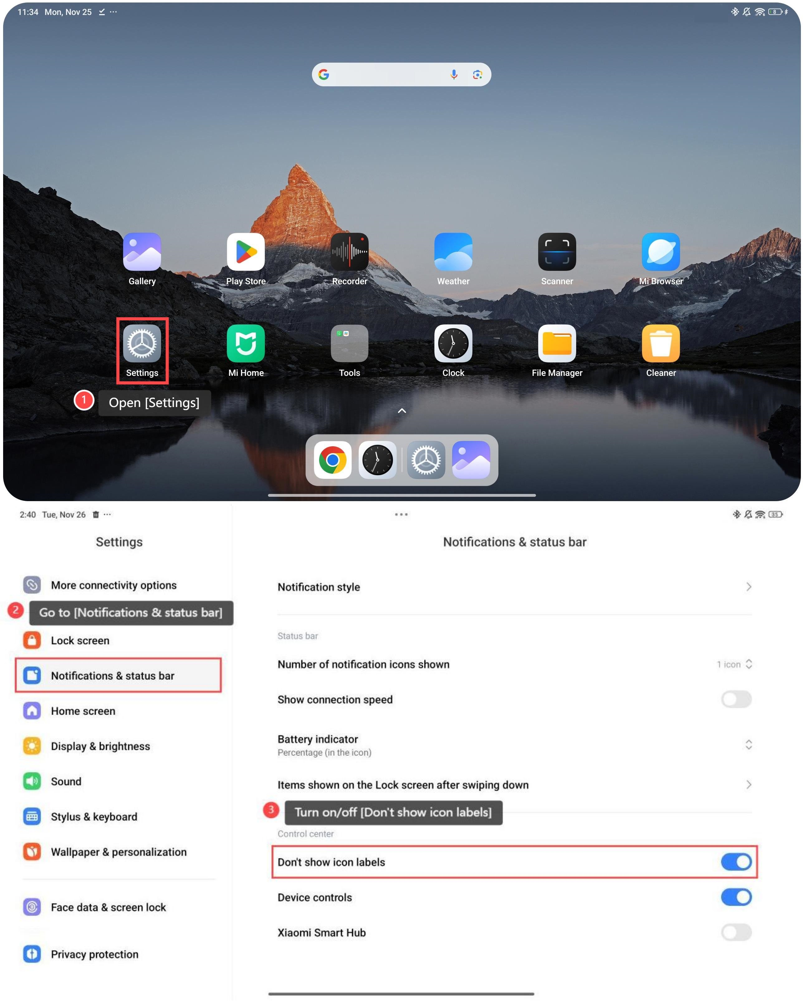 How to turn on/off the icon labels on the control center of the Redmi Pad Pro?