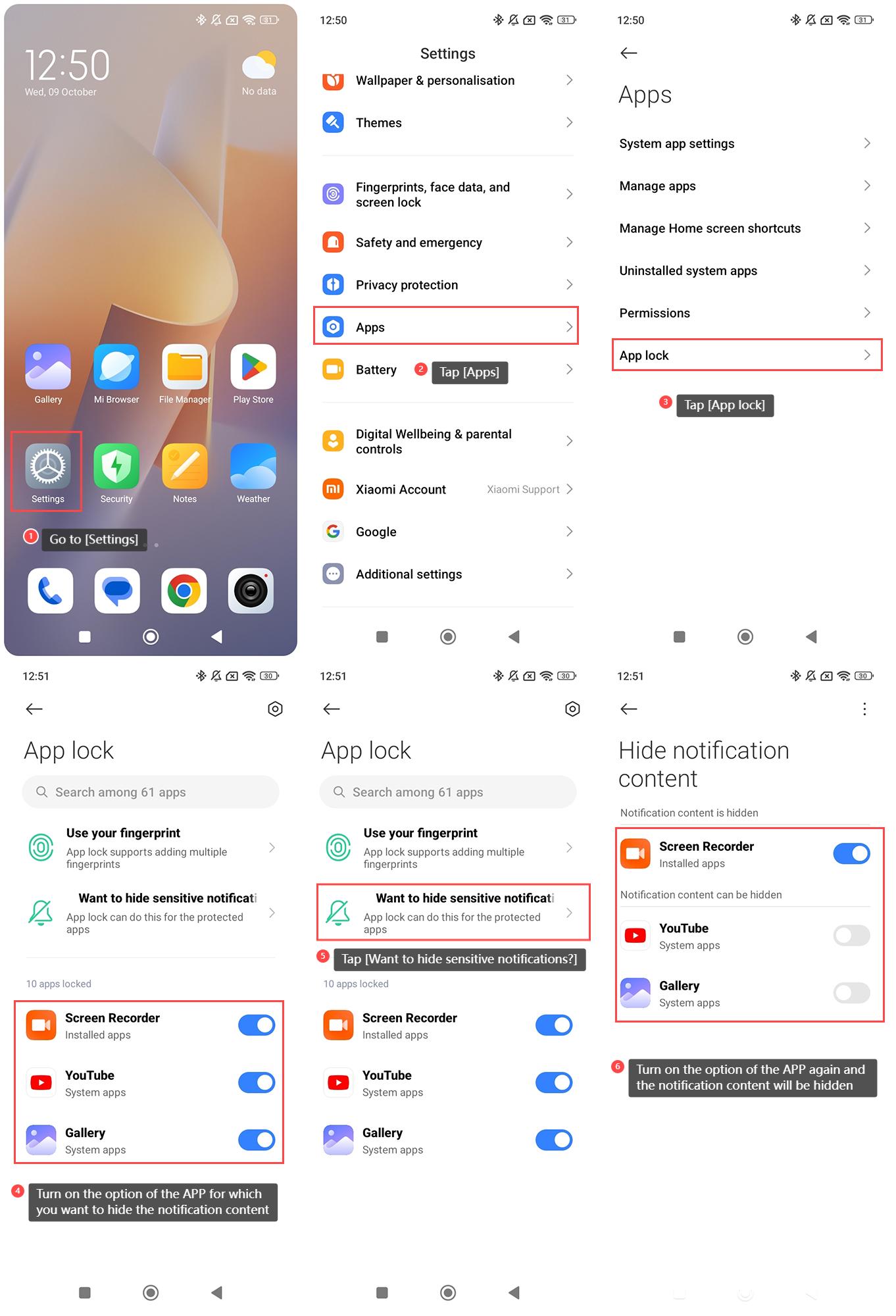 How to hide the notification content of App lock on the Redmi 13C?