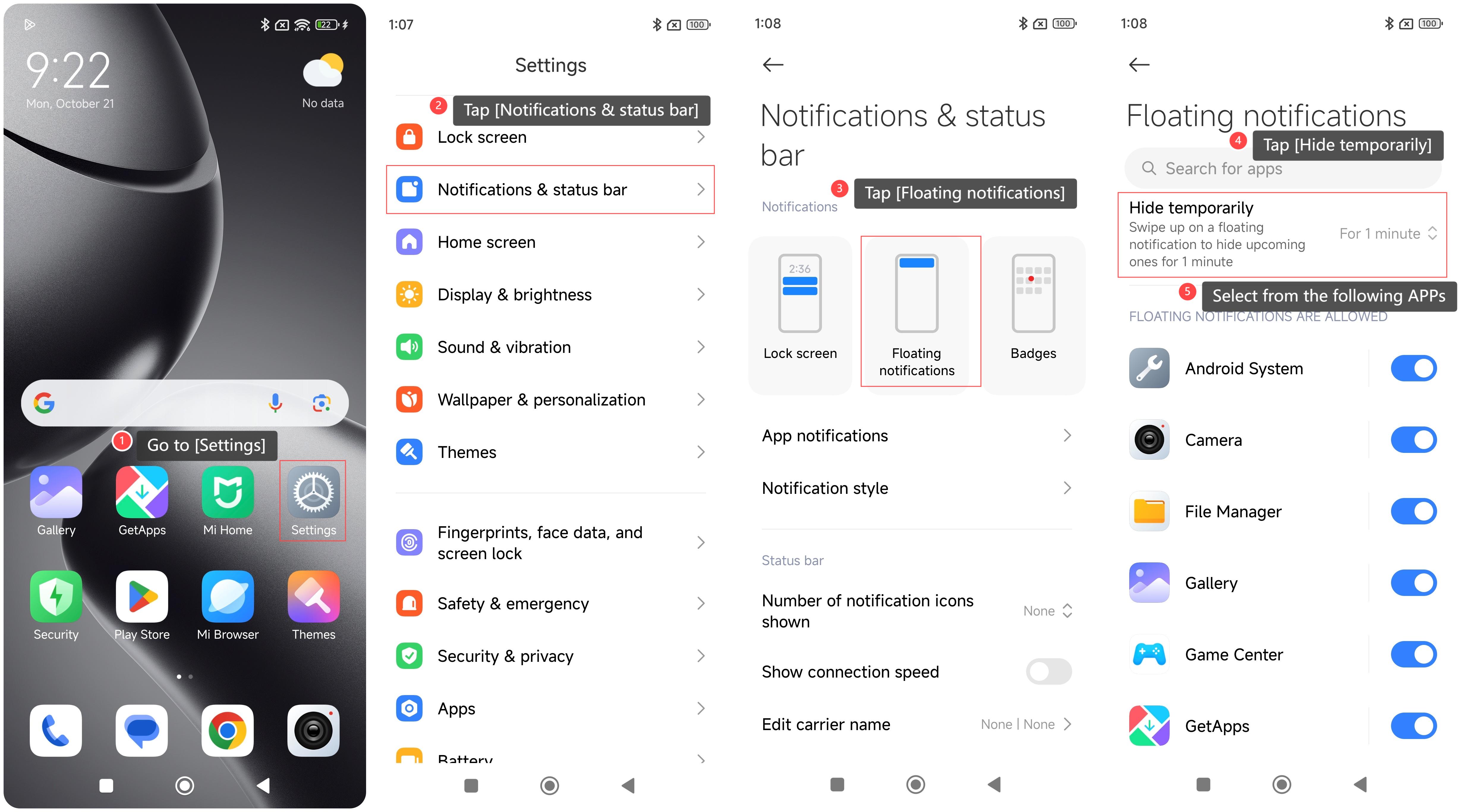 How to manage floating notifications on the Xiaomi 14T?